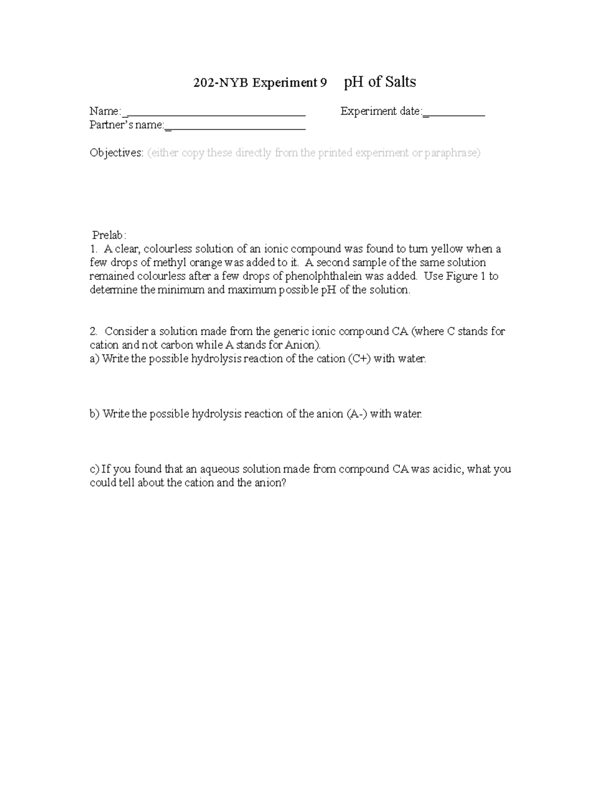 Experiment 9 - Lab information - 202-NYB Experiment 9 pH of Salts Name ...