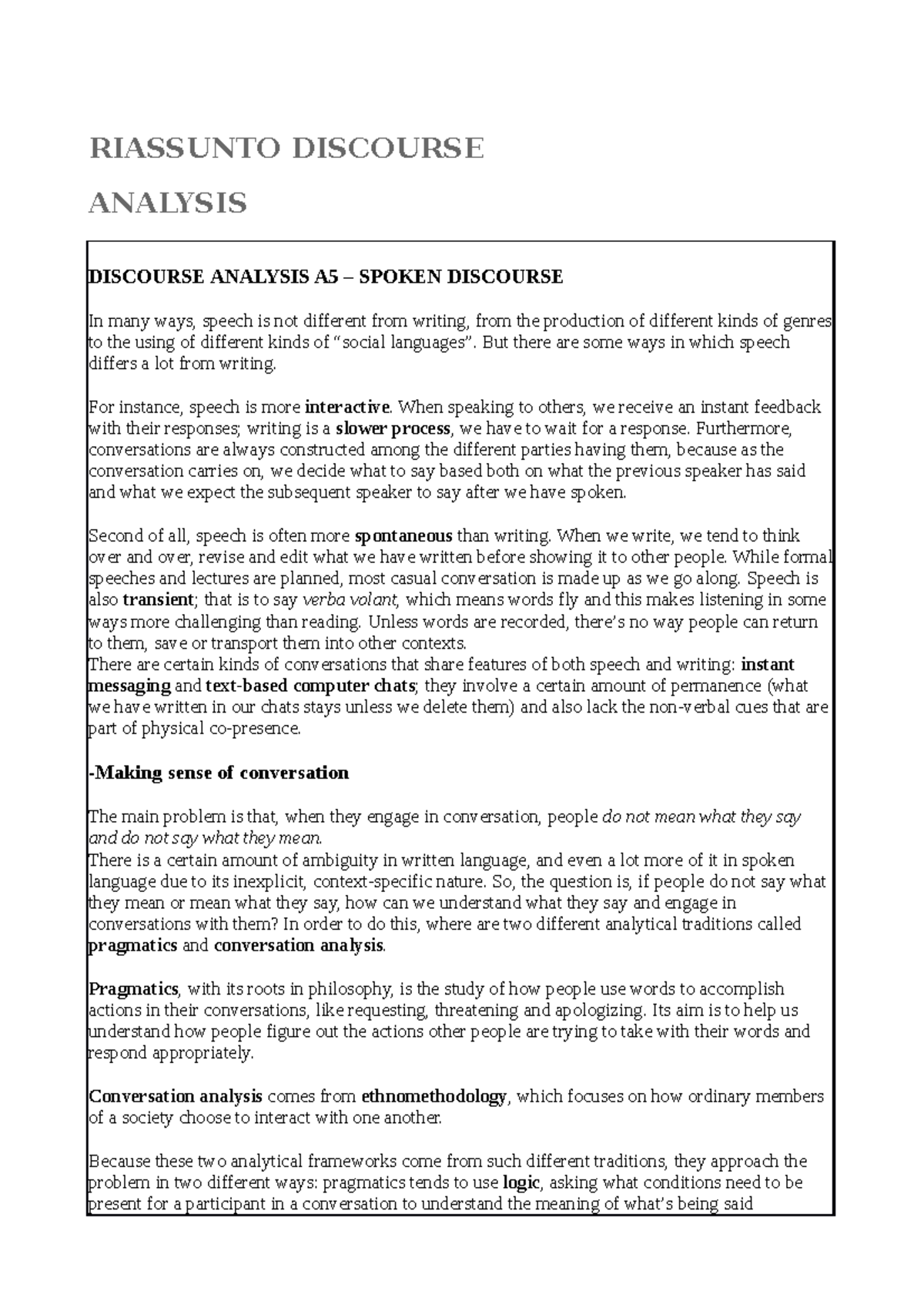 Riassunto Discourse Analysis - RIASSUNTO DISCOURSE ANALYSIS DISCOURSE ...