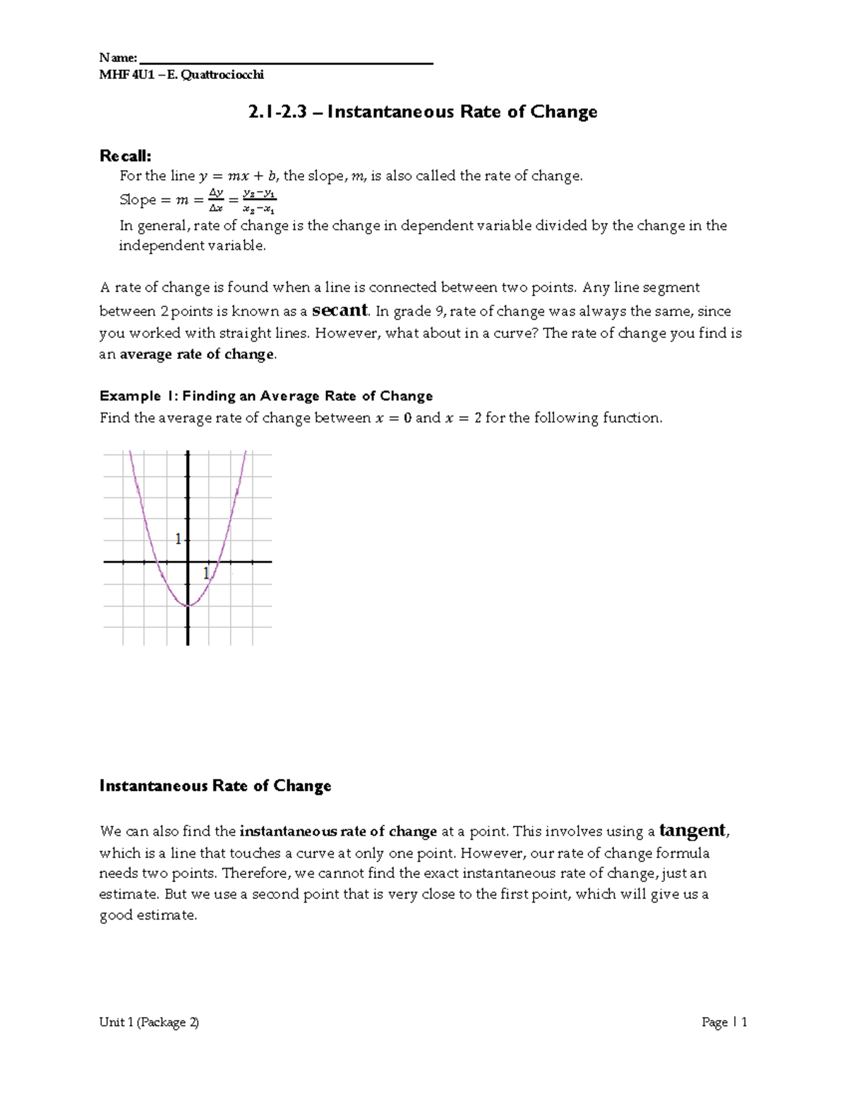 MHF4U - 1 - 2a - 22S - IR - Test Chapter 1 Document - Name: MHF 4U1 – E ...
