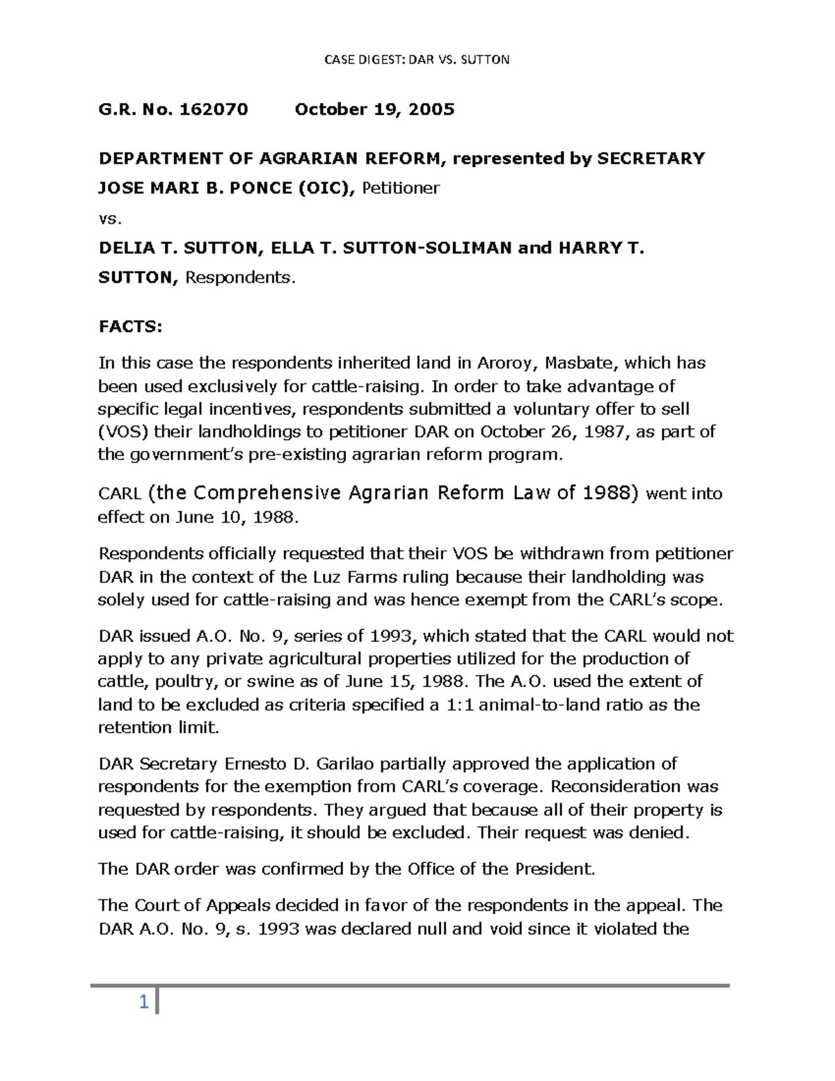 CD - DAR VS Sutton - N/A - CASE DIGEST: DAR VS. SUTTON G. No. 162070 ...
