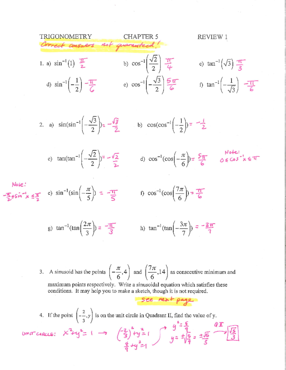 Trig Ch 5 Exam Review A w Sol - MAT 129 - Studocu