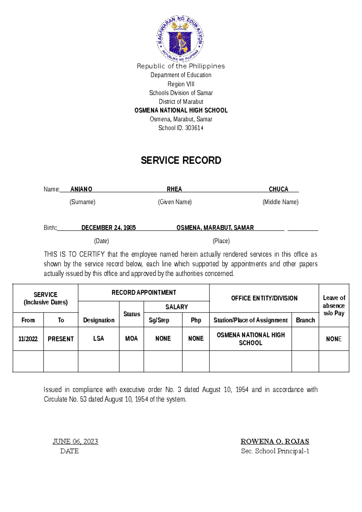 Service- Record - Summary Bachelor of Physical Education - Republic of ...