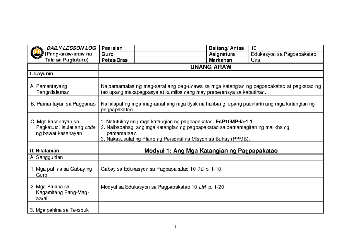 DLL ESP10 Module 1 Junet Andrea M Lavarr - DAILY LESSON LOG (Pang-araw ...