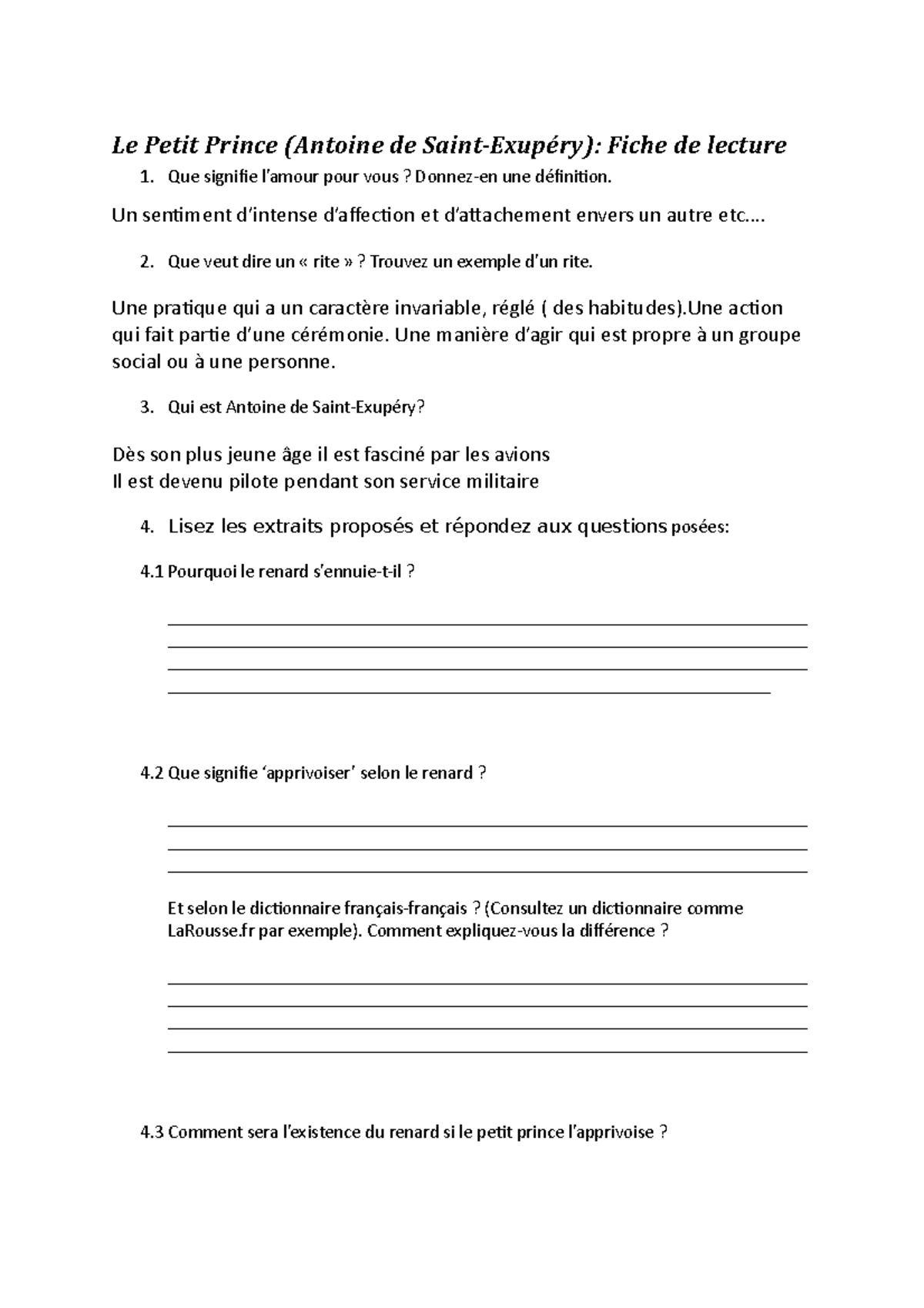 Le Petit Prince fiche de lecture - Le Petit Prince (Antoine de Saint ...