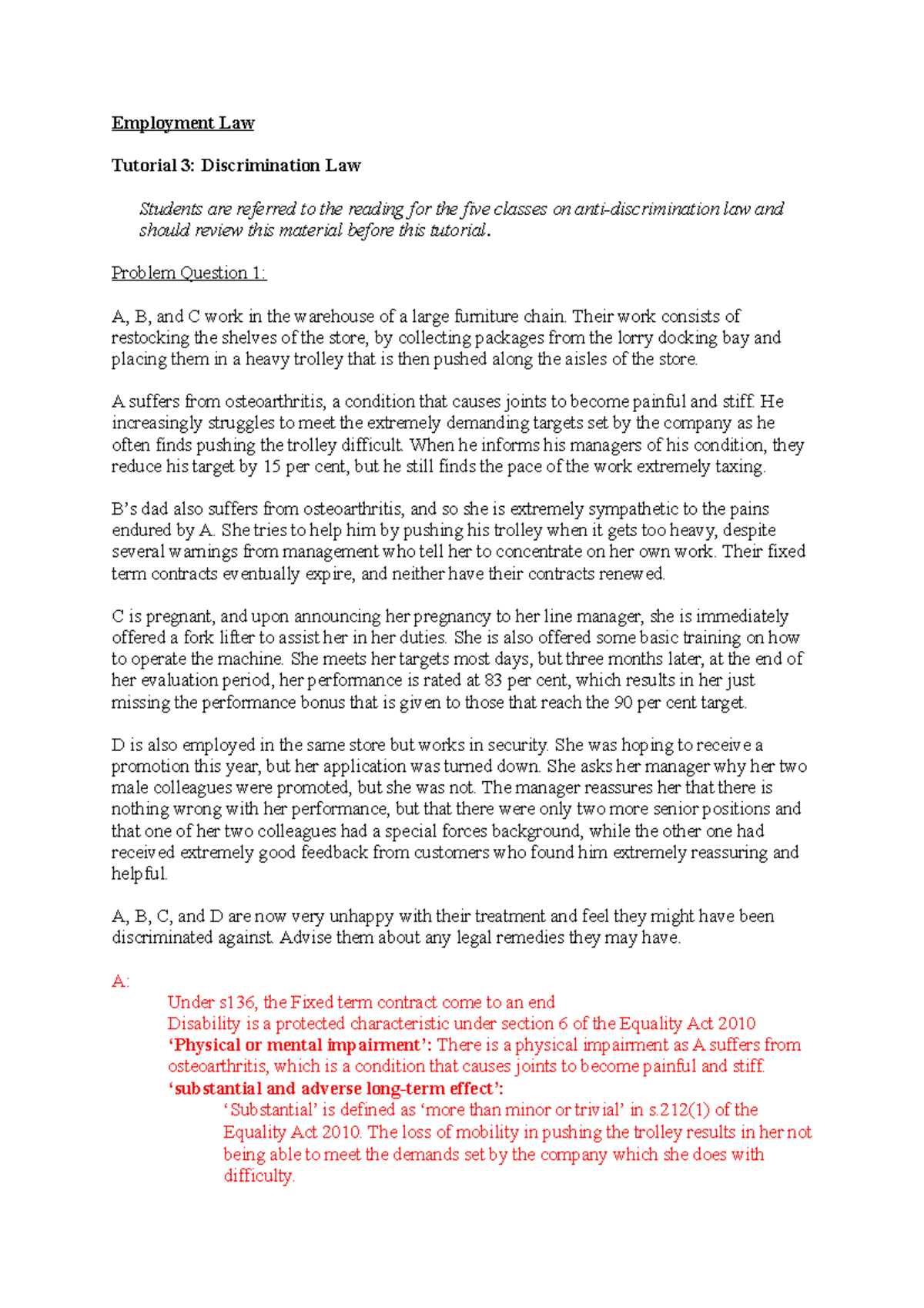 Tutorial 3 Handout - Employment Law Tutorial 3: Discrimination Law ...