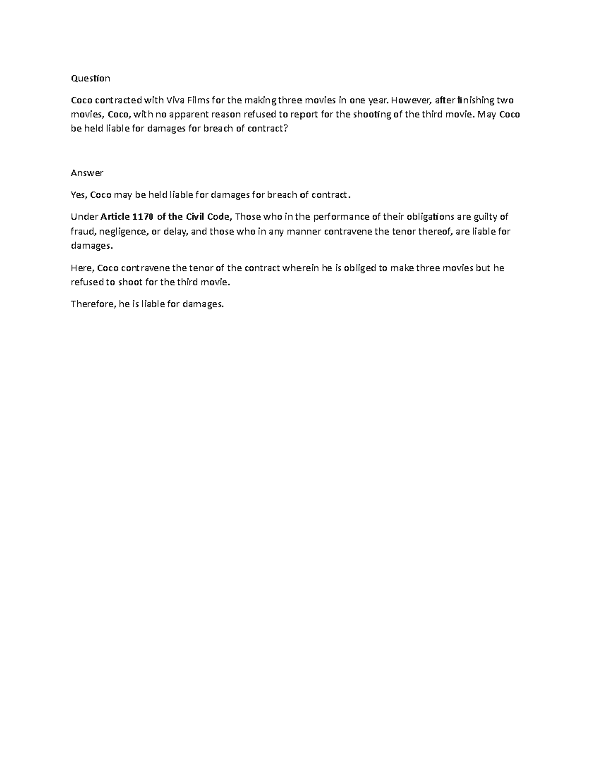 Sample question and answer - Question Coco contracted with Viva Films ...