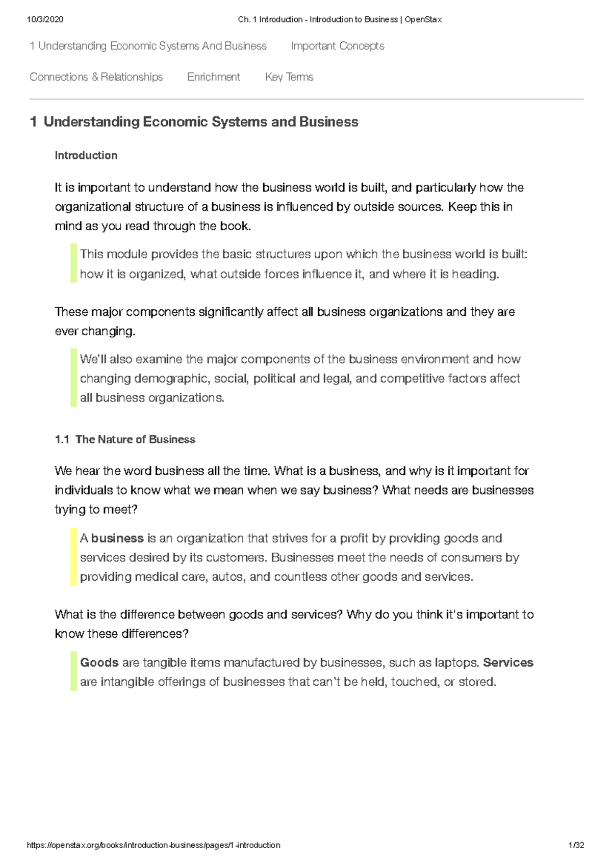 BUS-CH1-Summary - bus101 summary - 1 Understanding Economic Systems and ...