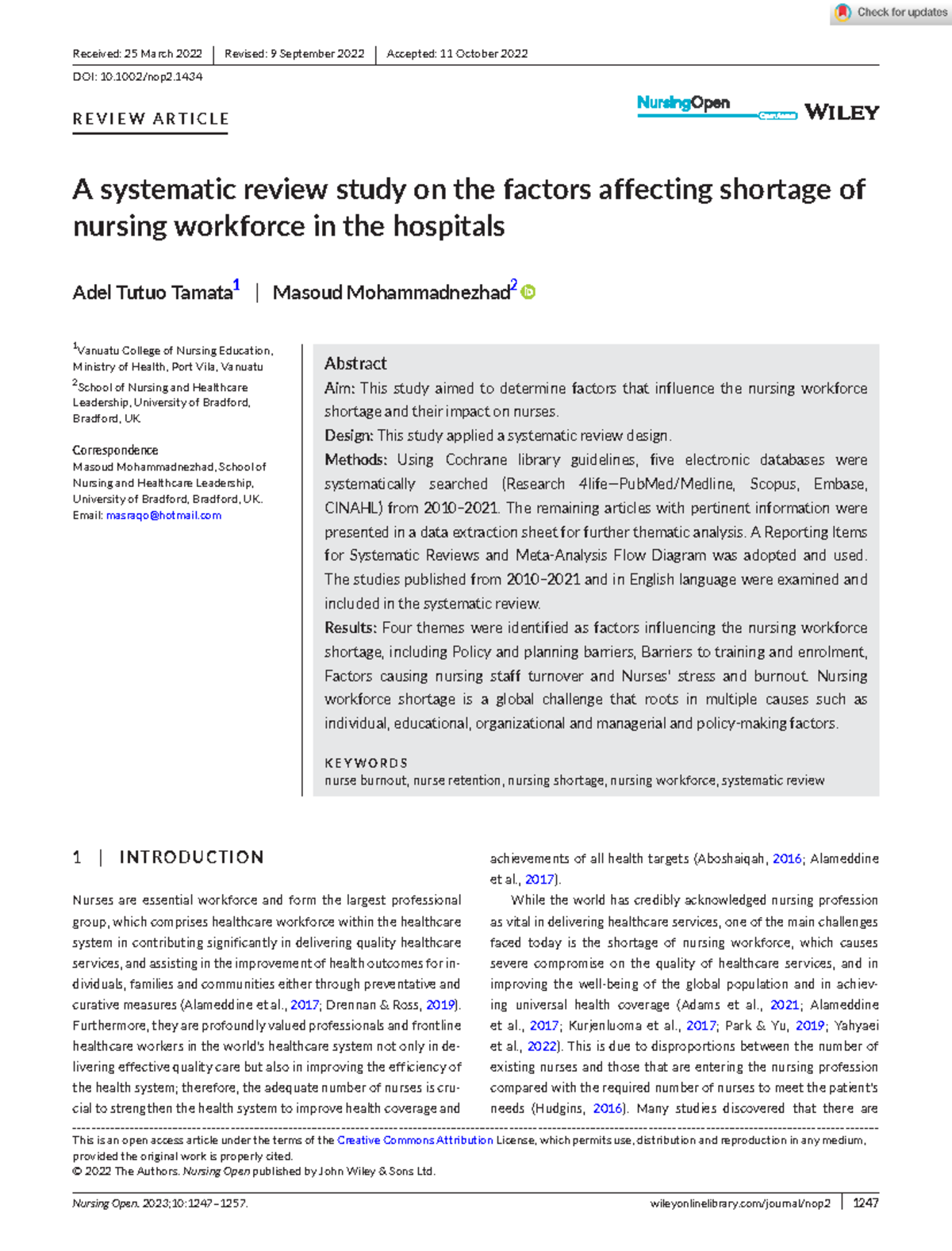 Nursing Open - 2022 - Tamata - A systematic review study on the factors ...