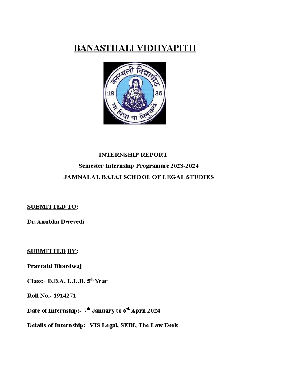 Final report (Pravratti 1914271) - BANASTHALI VIDHYAPITH INTERNSHIP ...