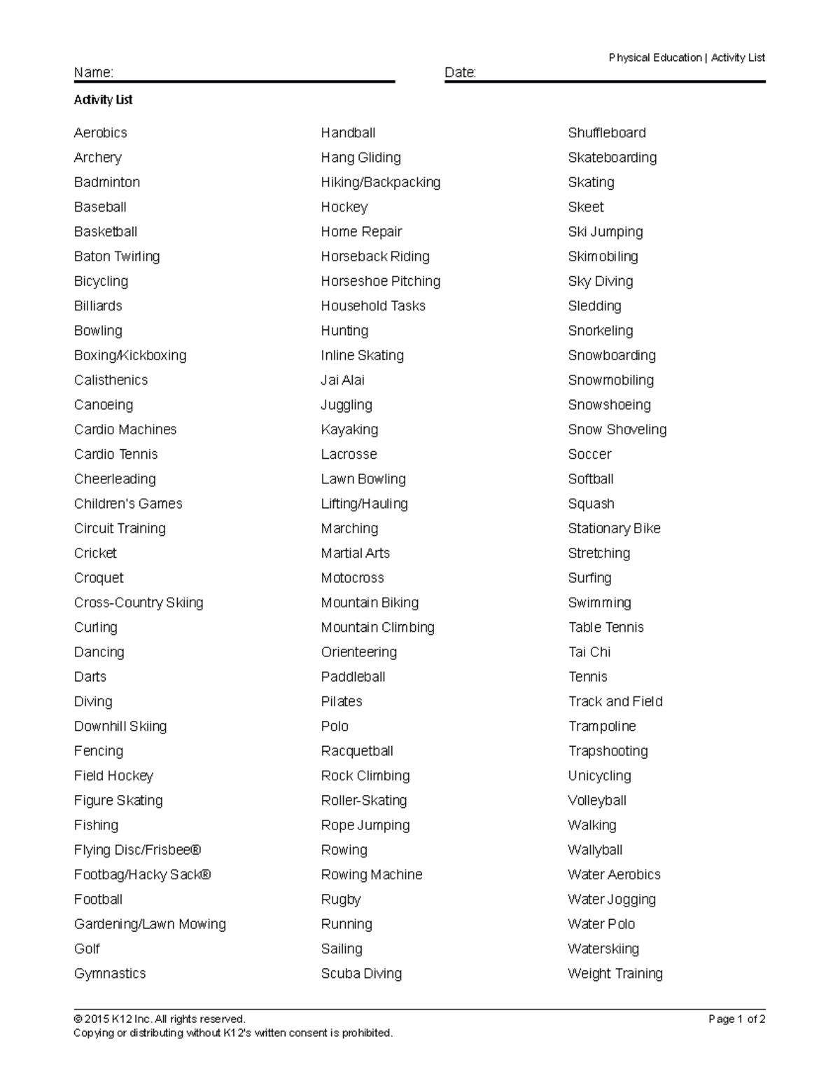 VHS PE list of activities A11Y - Physical Education | Activity List ...