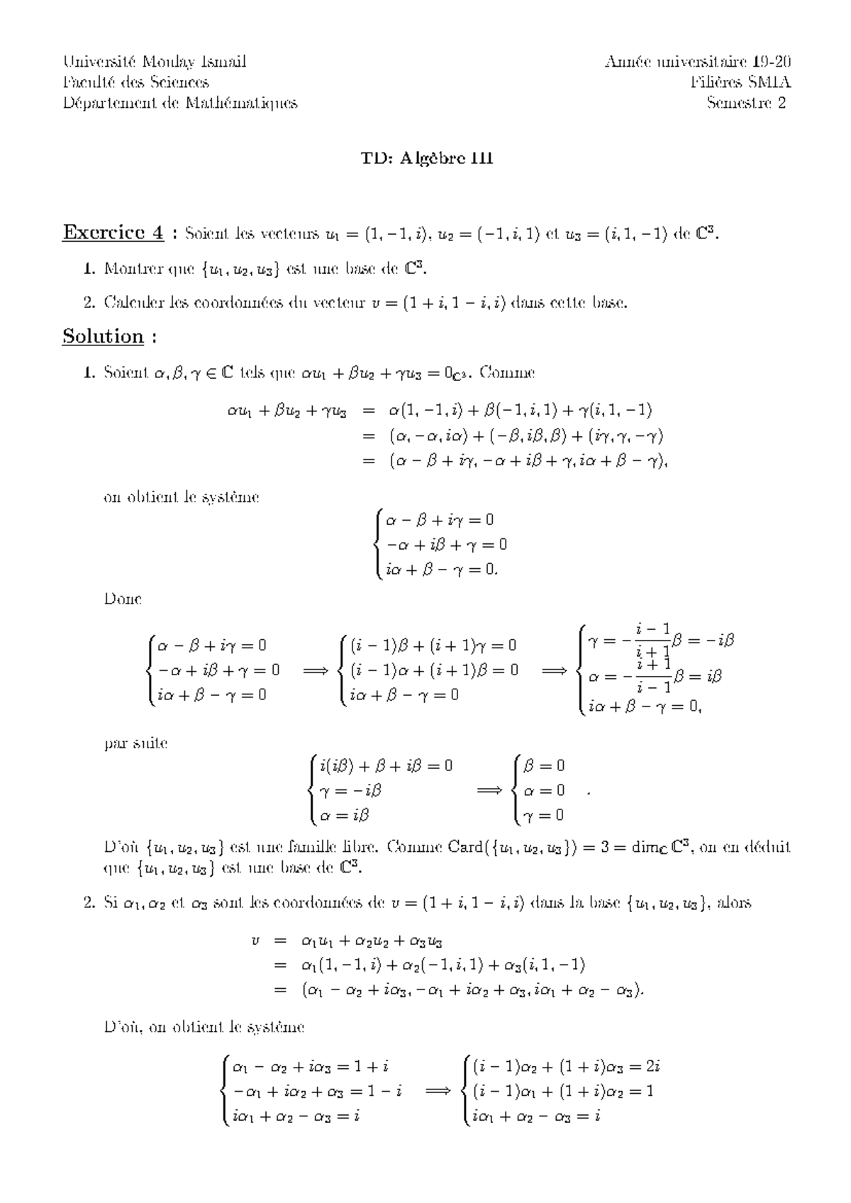 TD, SMIA Algèbre III Mazigh - Université Moulay Ismail Année universitaire 19- Faculté des ...