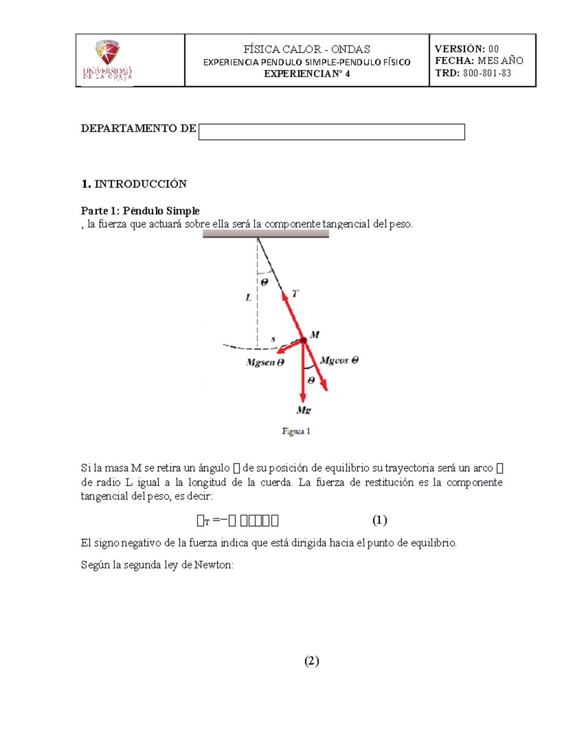 Experiencia No 11. Pendulo Simple - Físico - EXPERIENCIA PENDULO SIMPLE-PENDULO FÍSICO ...