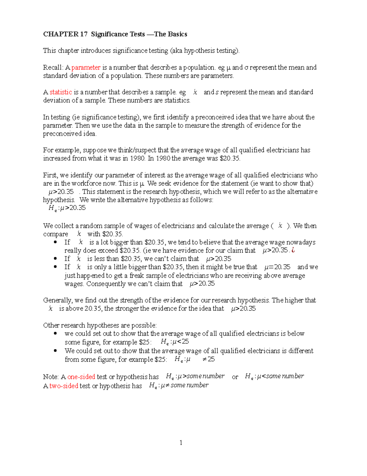 Stat 104-Chapter 17 Notes - CHAPTER 17 Significance Tests —The Basics ...