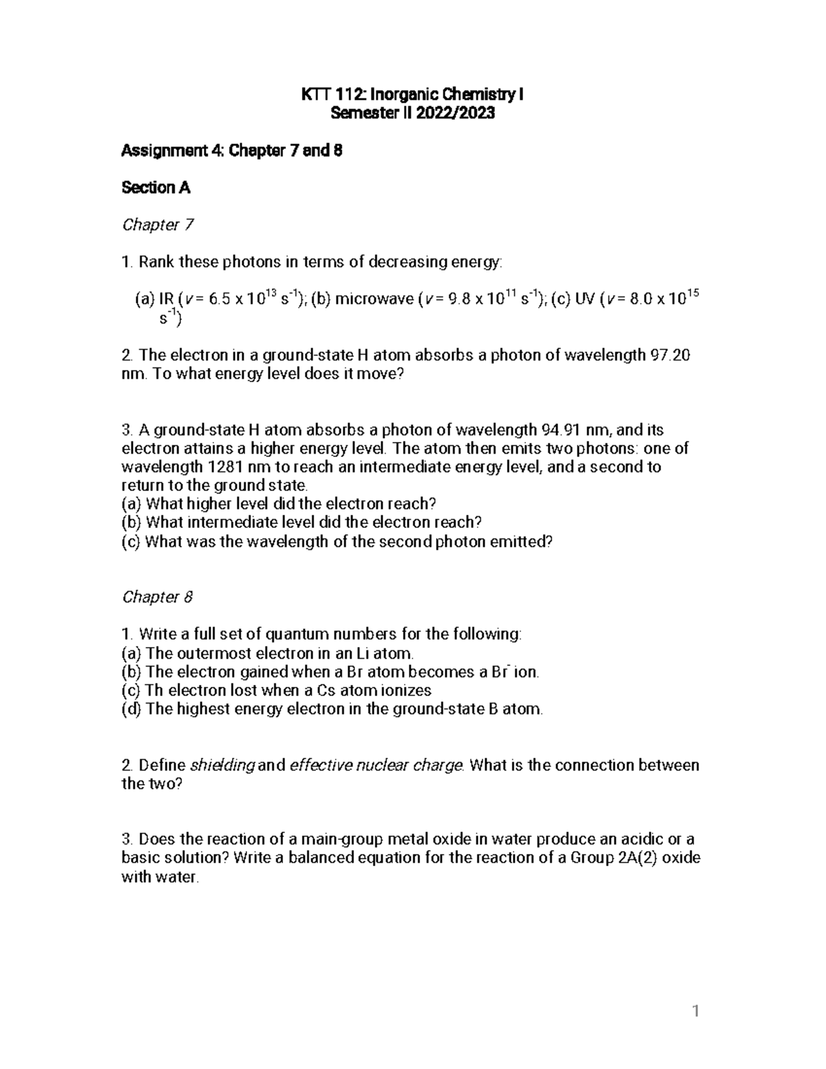 Tutorial 4 - 1 KTT1 12 :InorganicChemistryI SemesterII 2022 / 2023 Assignment 4 :Chapter7and ...