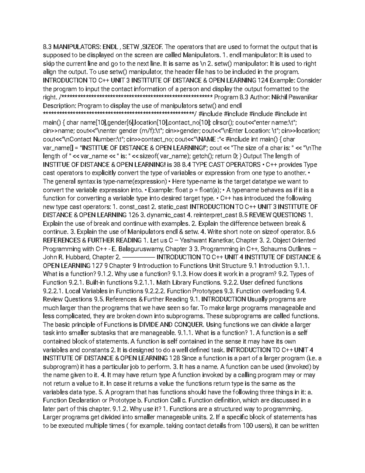 Programming Notes 19 8 Manipulators Endl Setw Sizeof The Operators That Are Used To
