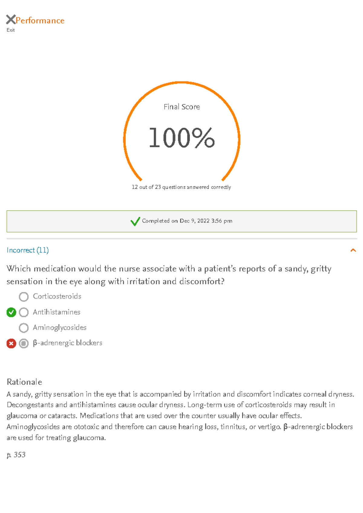 Ch. 20 Visual Assessment EAQ - Exit Performance Final Score 100% 12 out ...