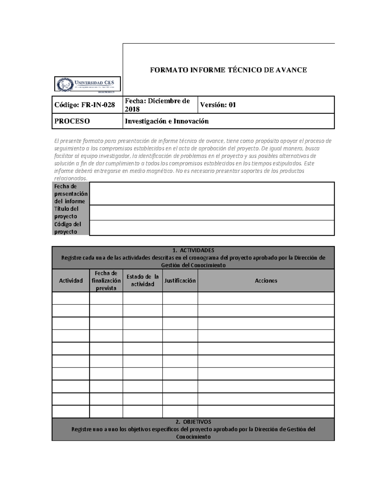 Formato informe tecnico de avance - FORMATO INFORME TÉCNICO DE AVANCE Código: FR-IN- 028 Fecha ...