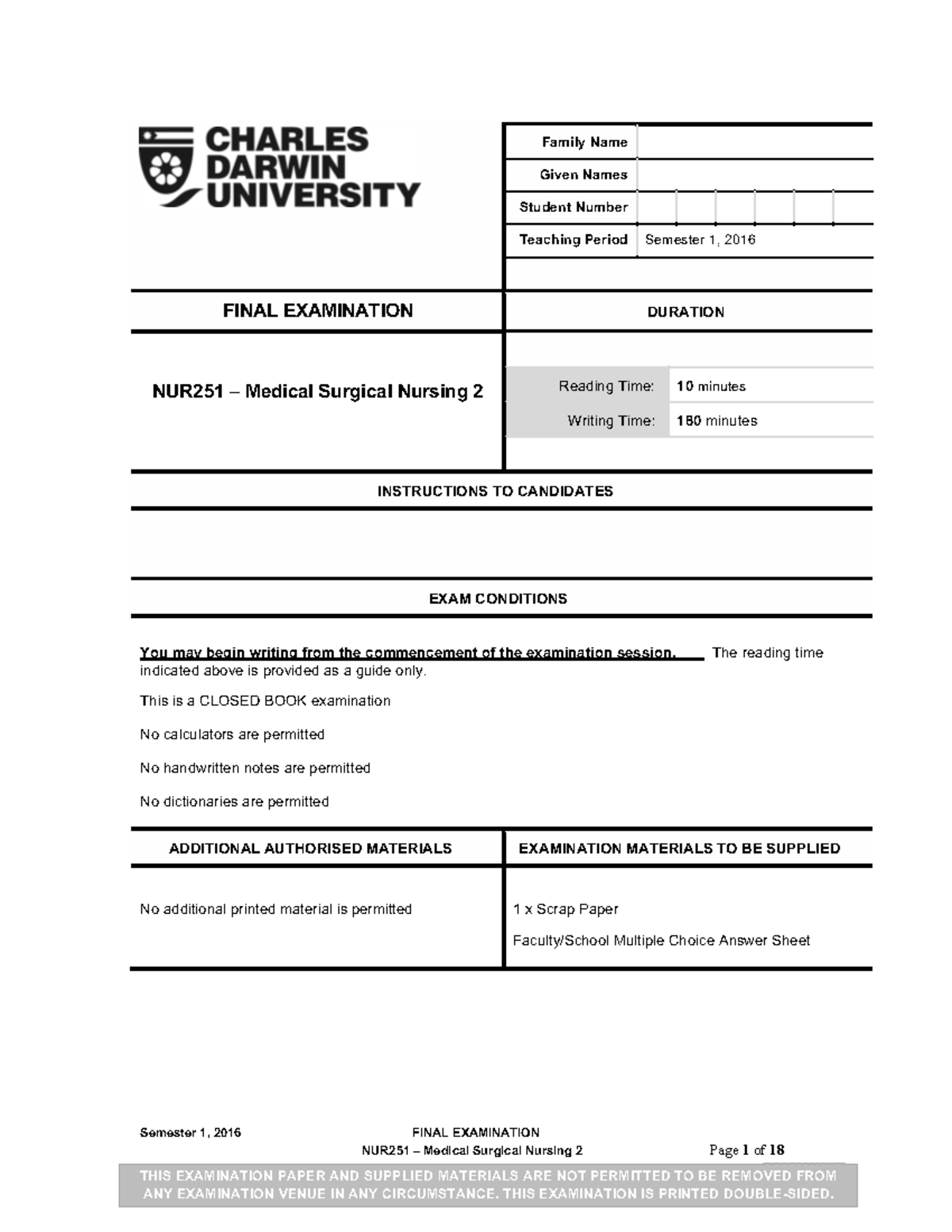 Exam 2016, questions - Family Name Given Names Student Number Teaching ...