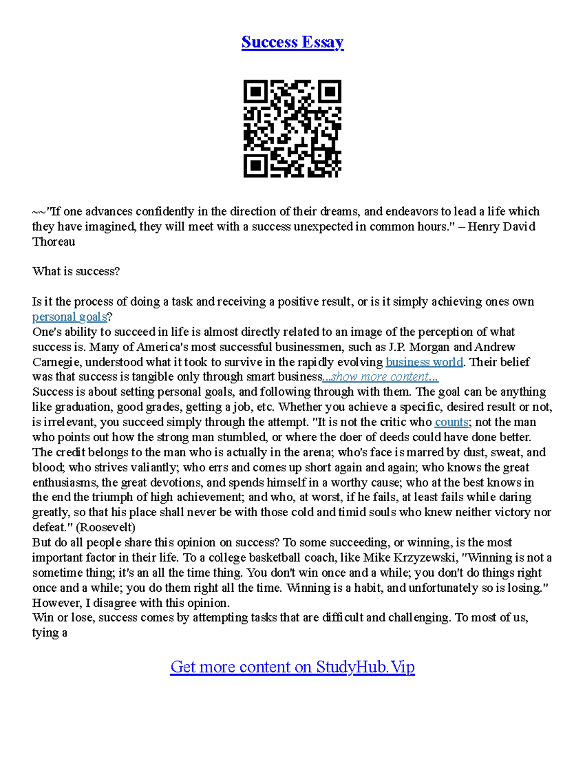 Essay On Success - Success Essay ~~"If one advances confidently in the ...