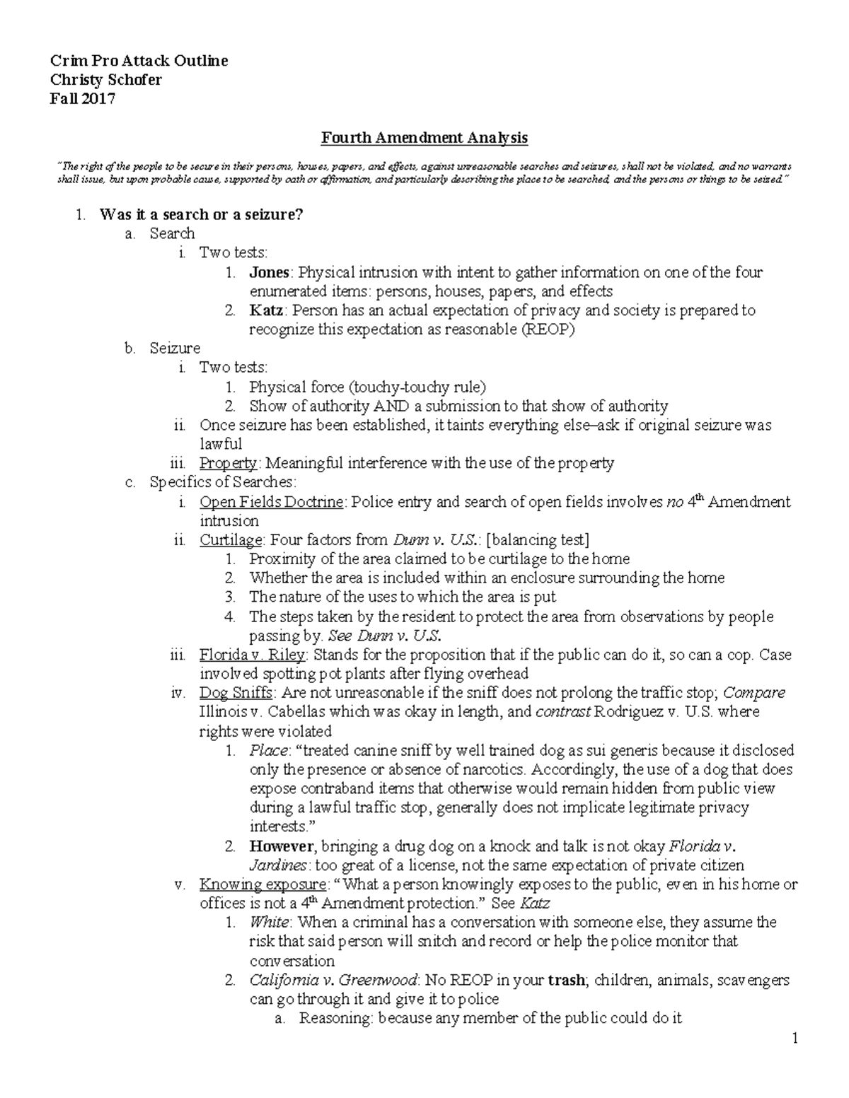 Schofer Attack Outline - Crim Pro Attack Outline Christy Schofer Fall 2017 Fourth Amendment ...