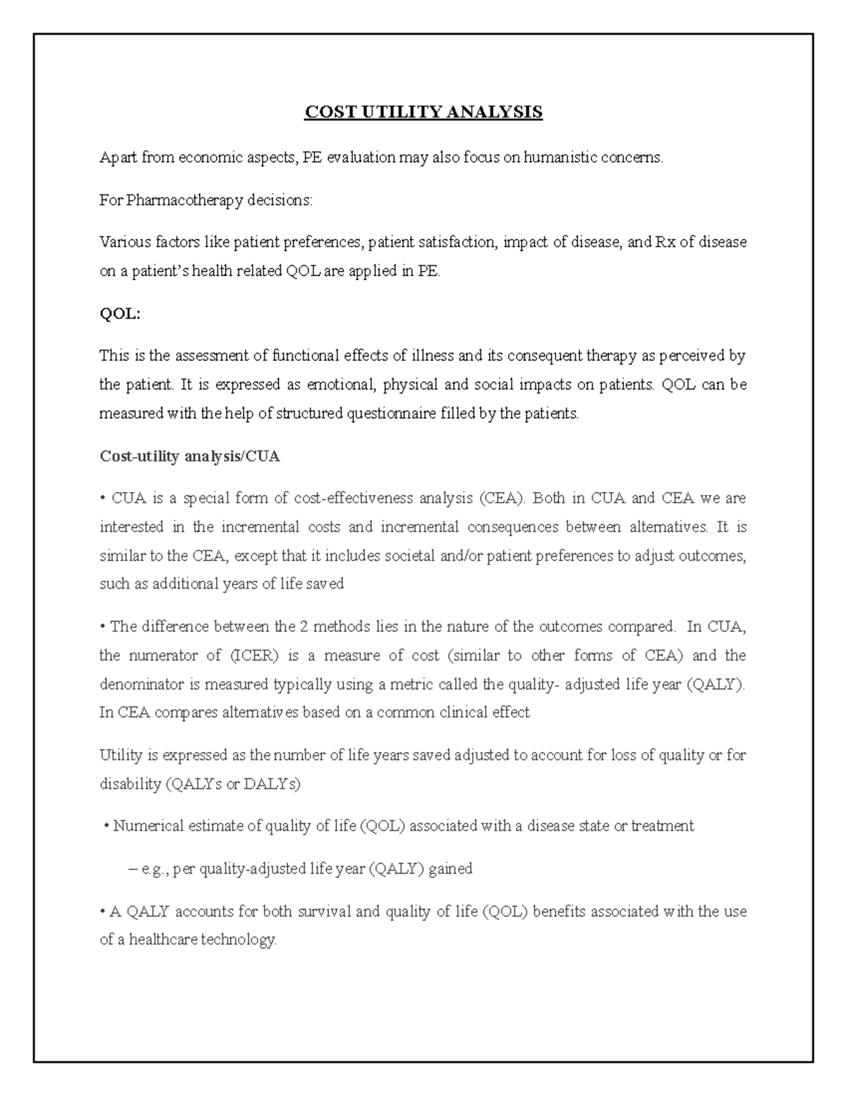 COST Utility Analysis - Pharma co economics notes - COST UTILITY ...