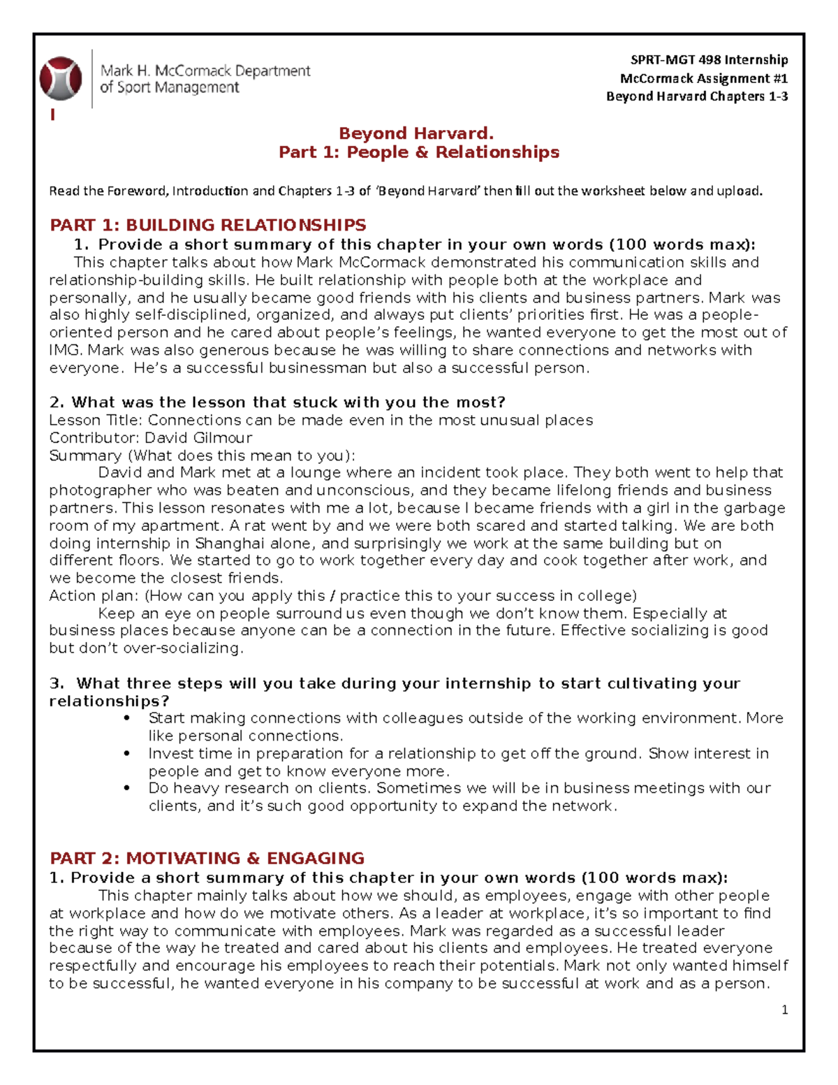 Mccormack Assignment 1 - SPRT-MGT 498 Internship McCormack Assignment # Beyond Harvard Chapters ...