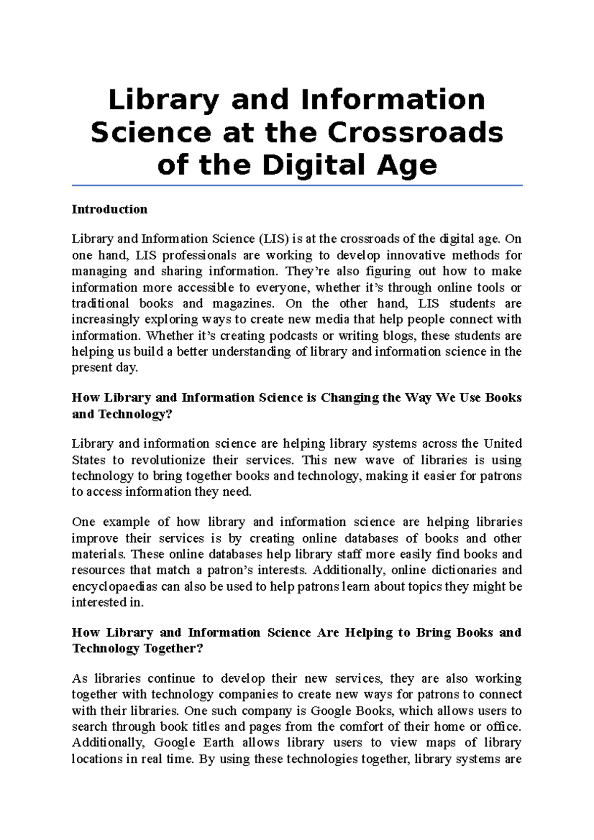 Library and Information Science at the Crossroads of the Digital Age ...