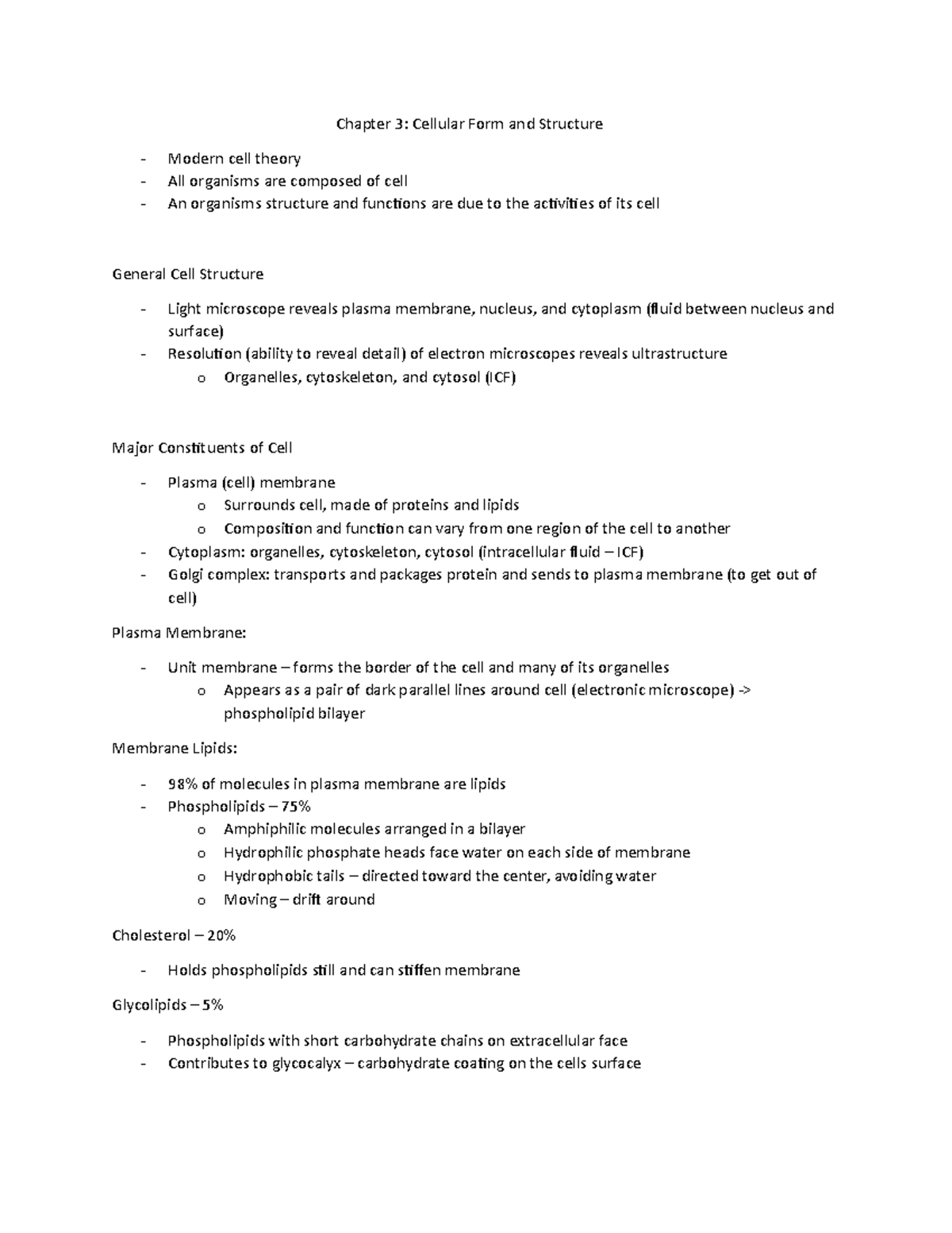 Chapter 3 - Lecture notes 3 - Chapter 3: Cellular Form and Structure ...