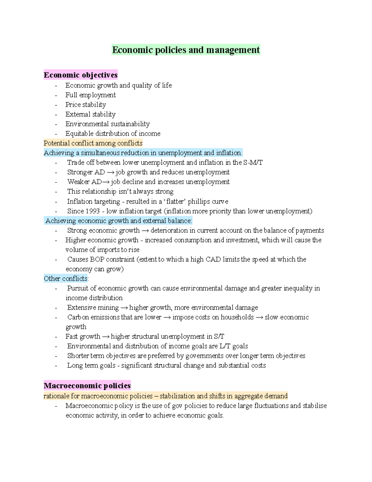 Economic policies and management notes - Economic policies and ...