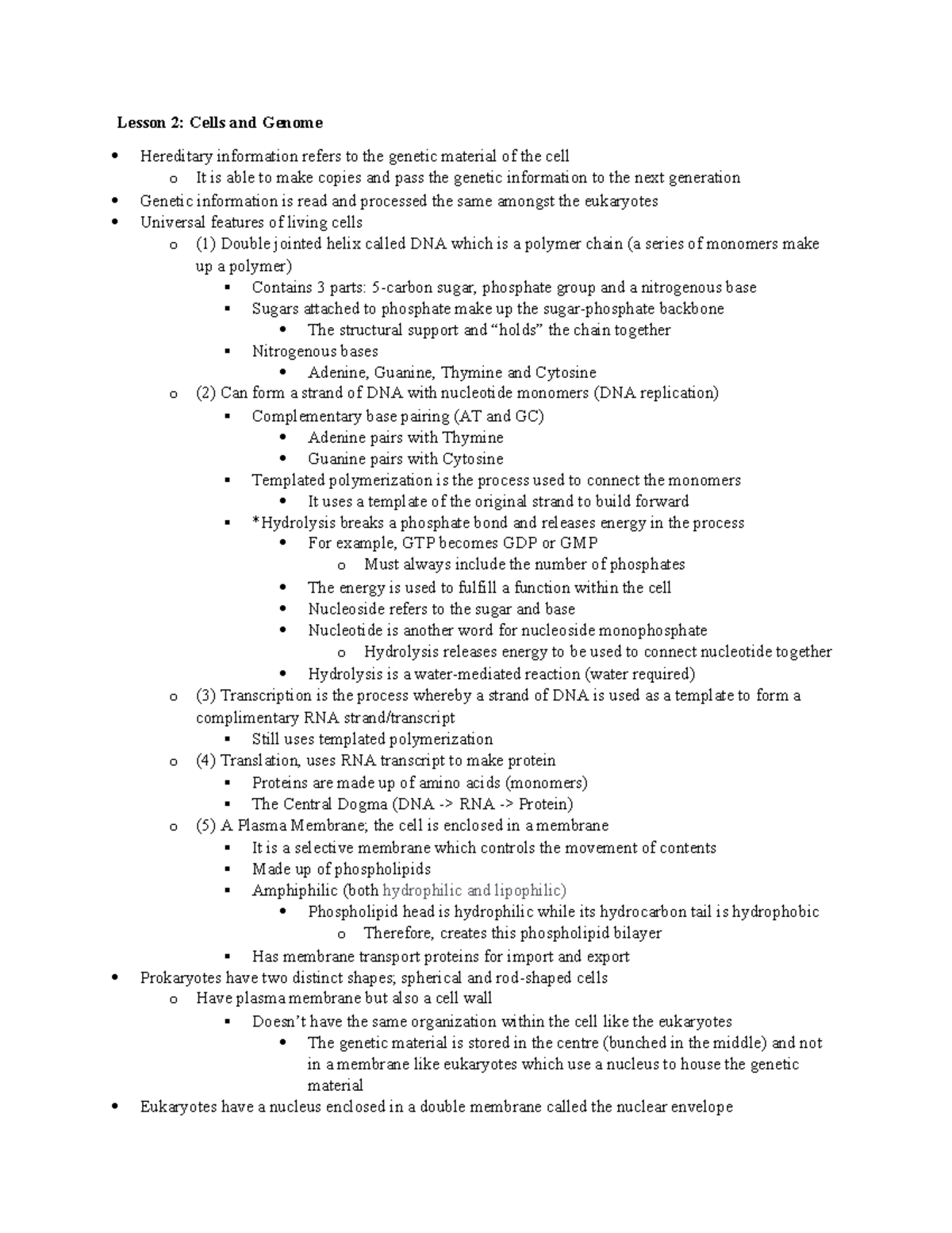 BIOB10 Notes - Lesson 2: Cells and Genome Hereditary information refers ...