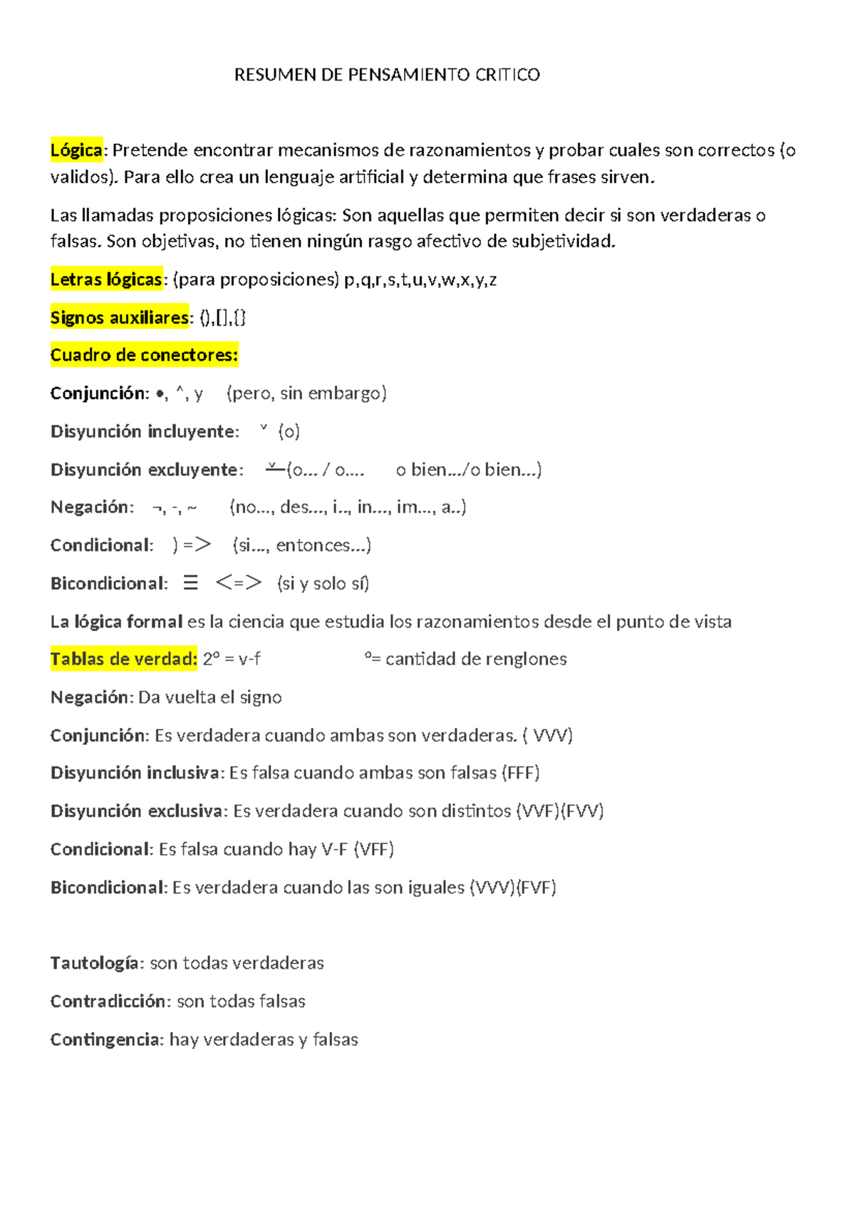 Resumen DE Pensamiento Critico - RESUMEN DE PENSAMIENTO CRITICO Lógica ...