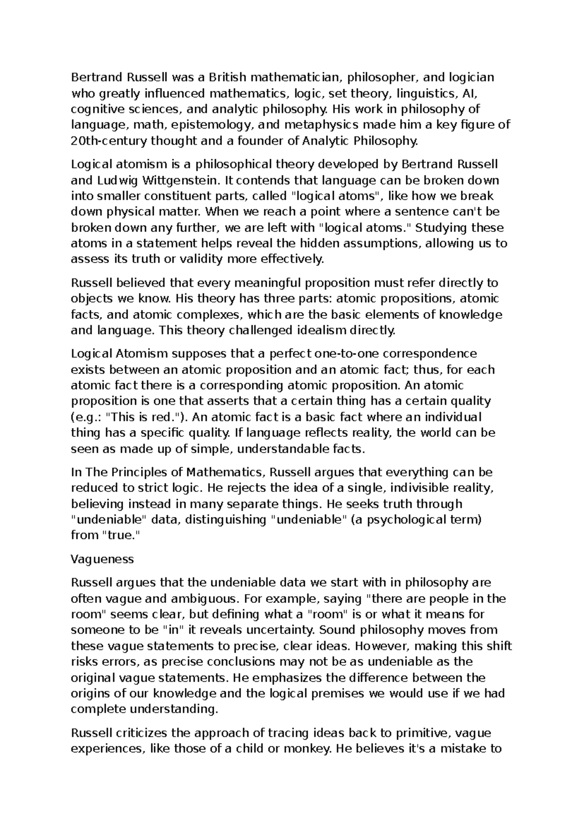 Logical atomism by russell sem5 - Bertrand Russell was a British ...
