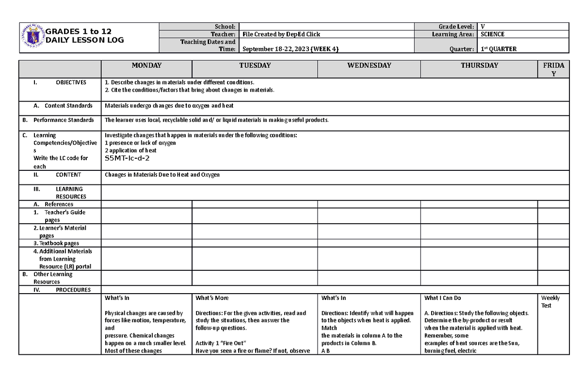 DLL Science 5 Q1 W4 - GRADES 1 to 12 DAILY LESSON LOG School: Grade ...