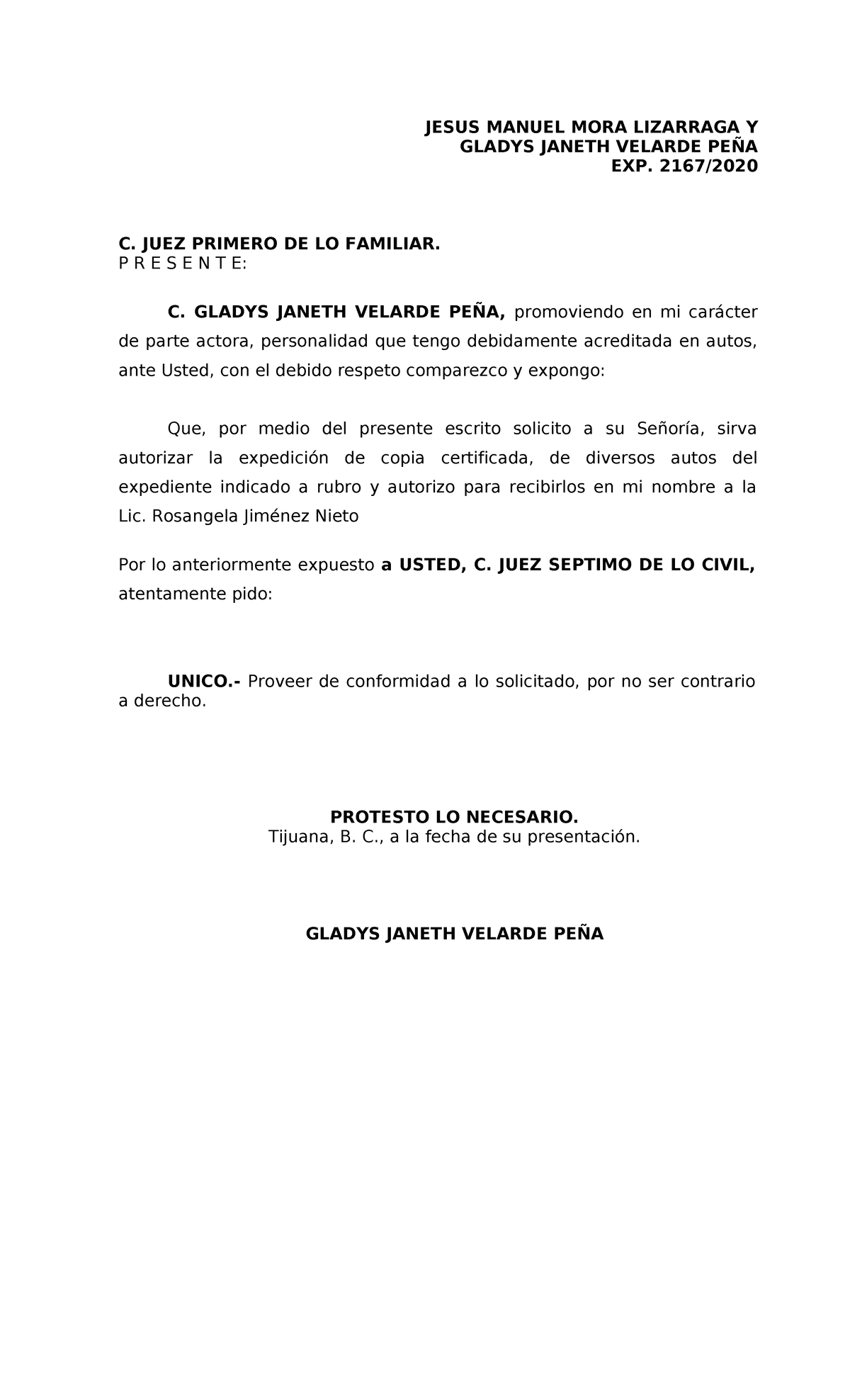Solicitud DE Copias Certificadas-EXP-2167-2020 Gladys Velarde - JESUS ...