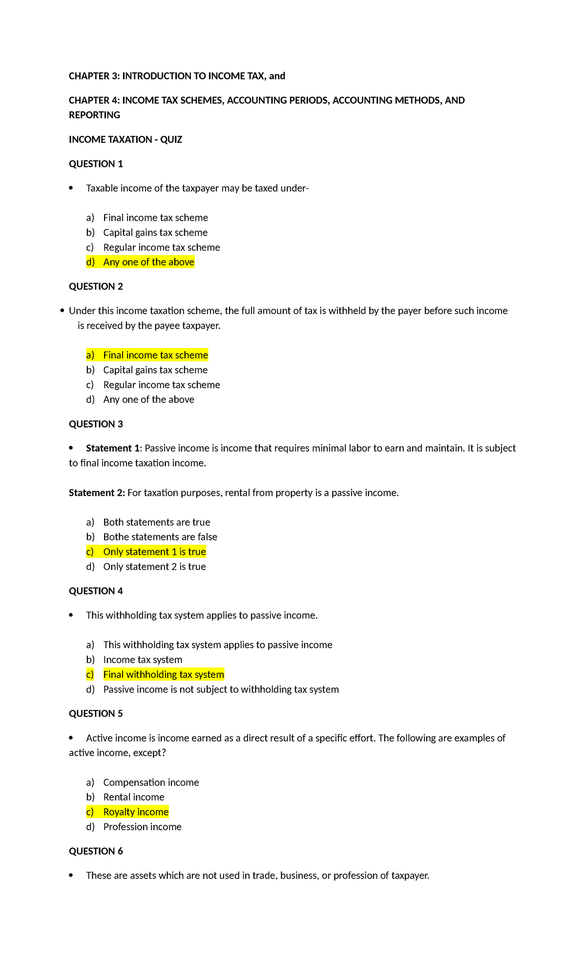 Income TAX Practice QUIZ - CHAPTER 3: INTRODUCTION TO INCOME TAX, and ...