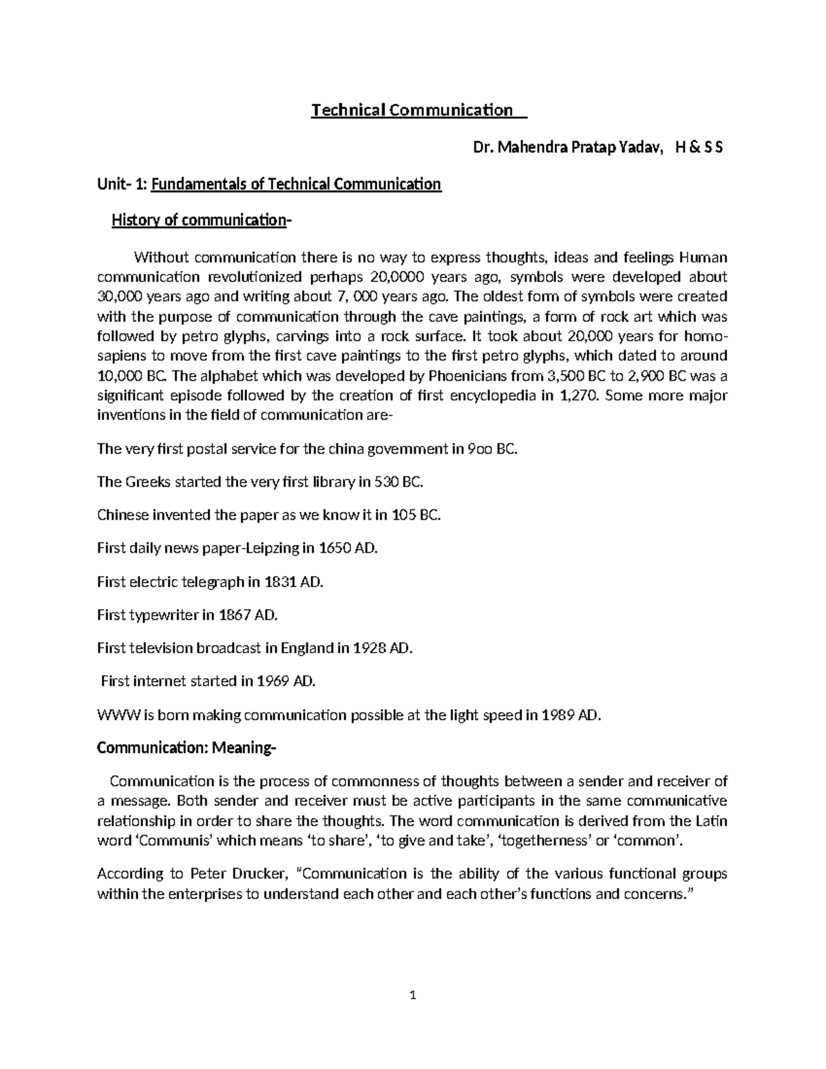 TC Unit- 1 - Technical Communication Dr. Mahendra Pratap Yadav, H & S S ...