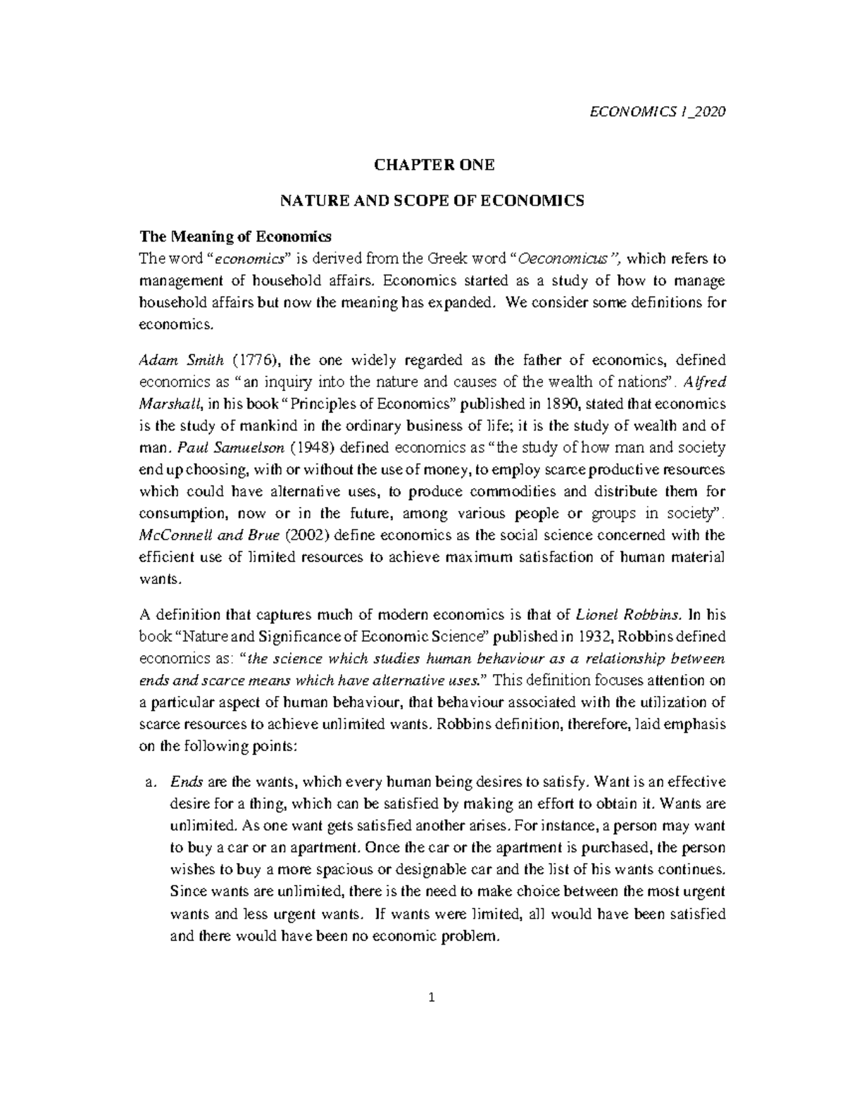 Economics 1 - Basic introduction to economic terms - CHAPTER ONE NATURE ...