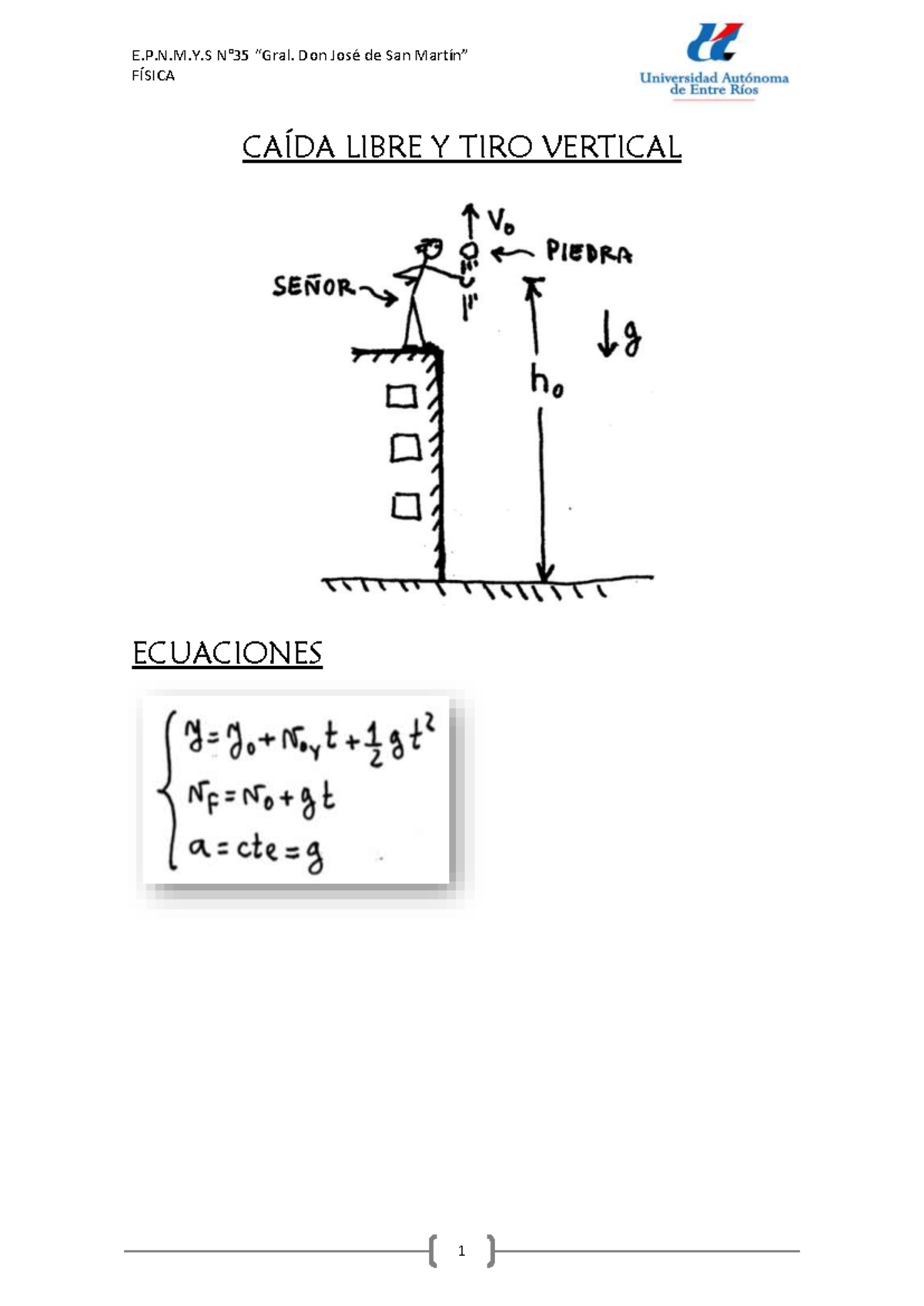 Caida Libre Y TIRO Vertical - FÍSICA CAÍDA LIBRE Y TIRO VERTICAL ECUACIONES FÍSICA Suponé que un ...