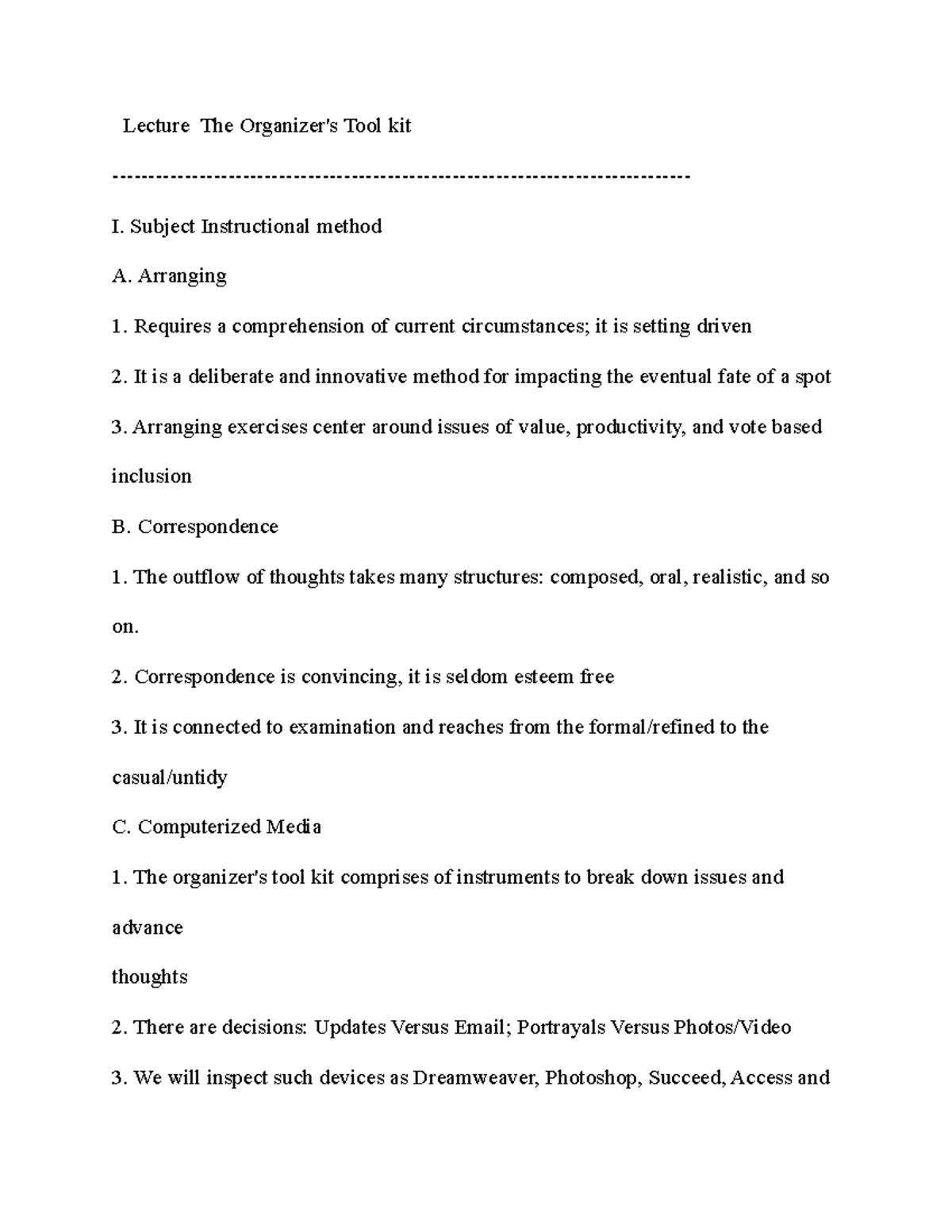 Lecture The Organizer's Tool kit - Subject Instructional method A ...
