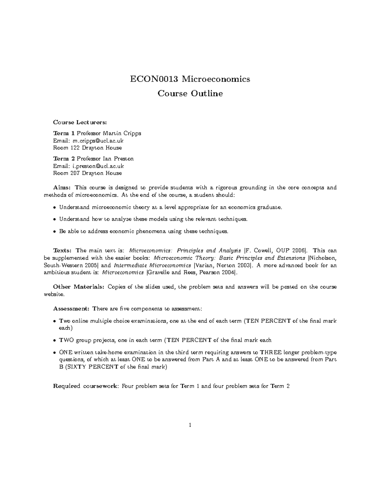 Course Outline - ECON0013 Microeconomics Course Outline Course ...