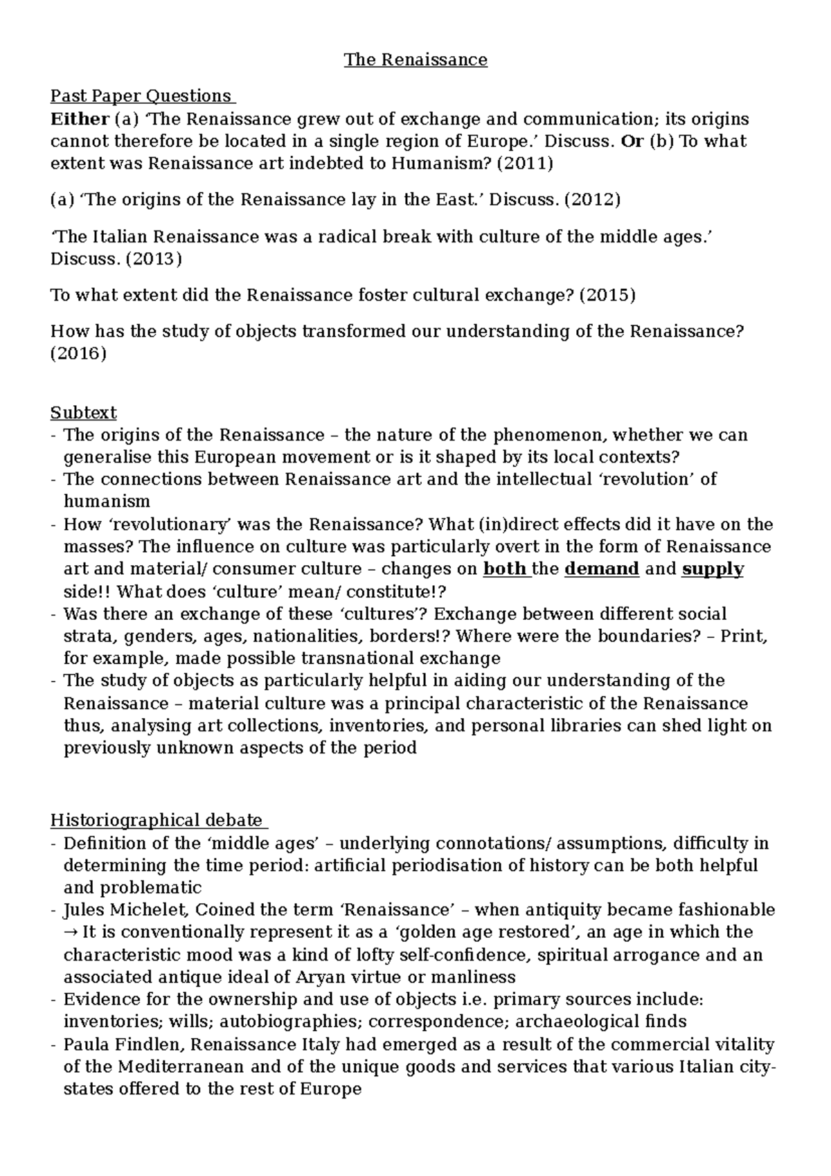 Revision - The Renaissance - The Renaissance Past Paper Questions ...