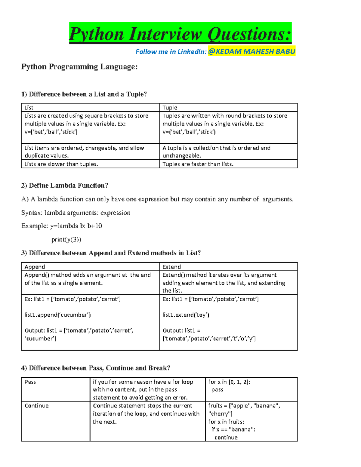 Python Interview Questions & Answers 🎯 - Python Interview Questions: Follow me in LinkedIn ...