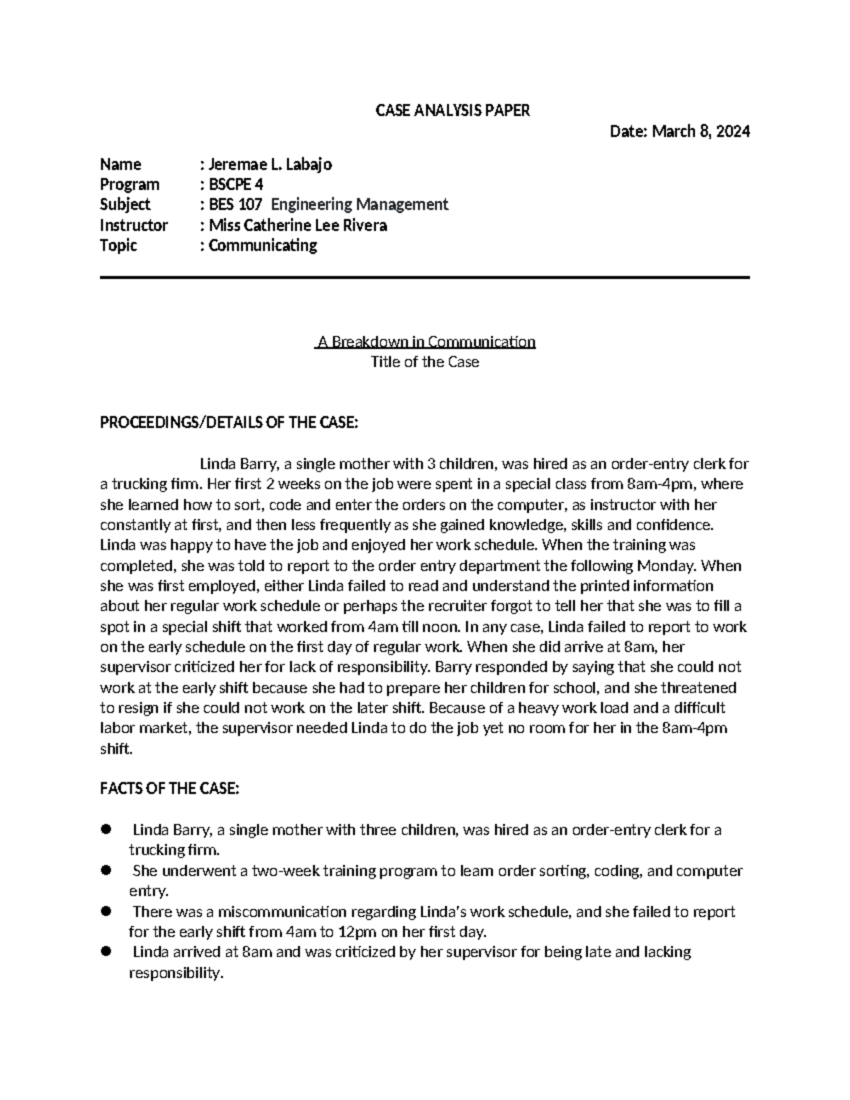 CASE Analysis Paper CH6-Communicating-Labajo - CASE ANALYSIS PAPER Date ...
