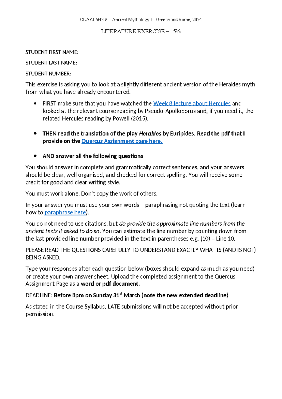 Literature Exercise 2024 - student - CLAA06H3 S – Ancient Mythology II ...