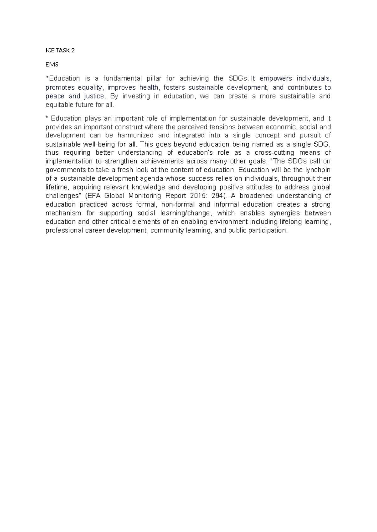 Ice task 2 ems - ice task 2 - ICE TASK 2 EMS *Education is a fundamental pillar for achieving ...