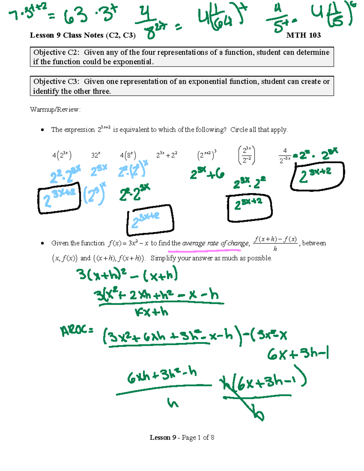 Blank Class Notes 9 - Lesson 9 Class Notes (C2, C3) MTH 103 Objective ...