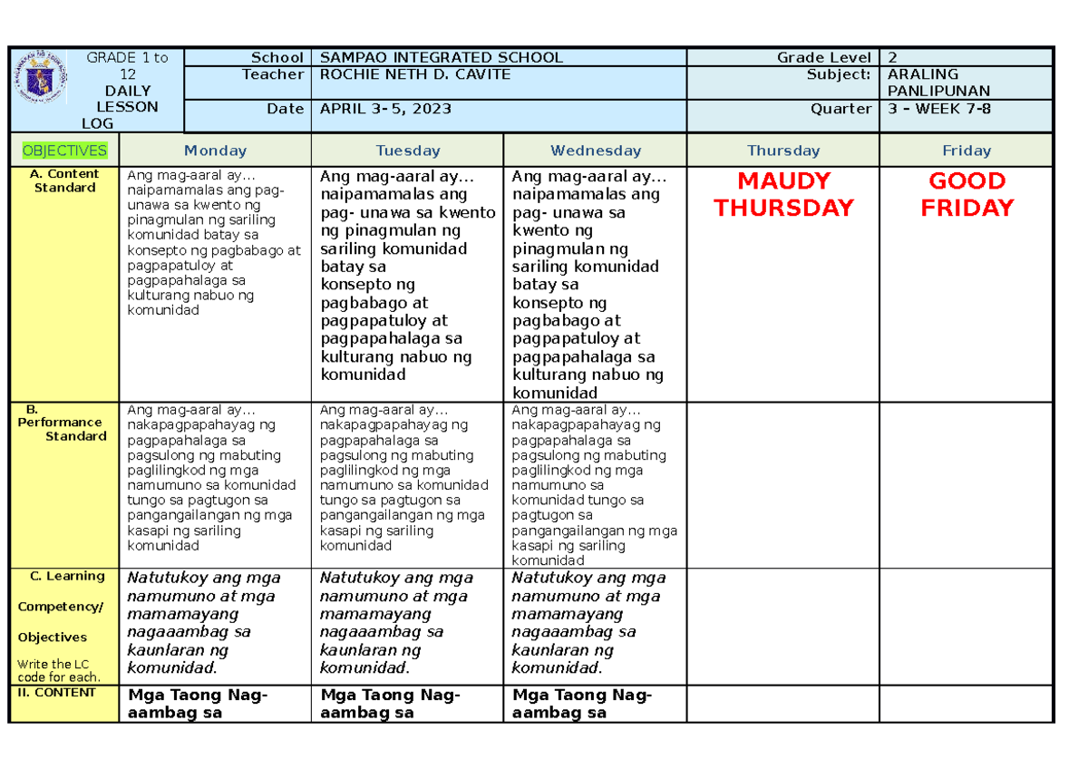 WEEK8-dll-AP - reviewer - GRADE 1 to 12 DAILY LESSON LOG School SAMPAO ...
