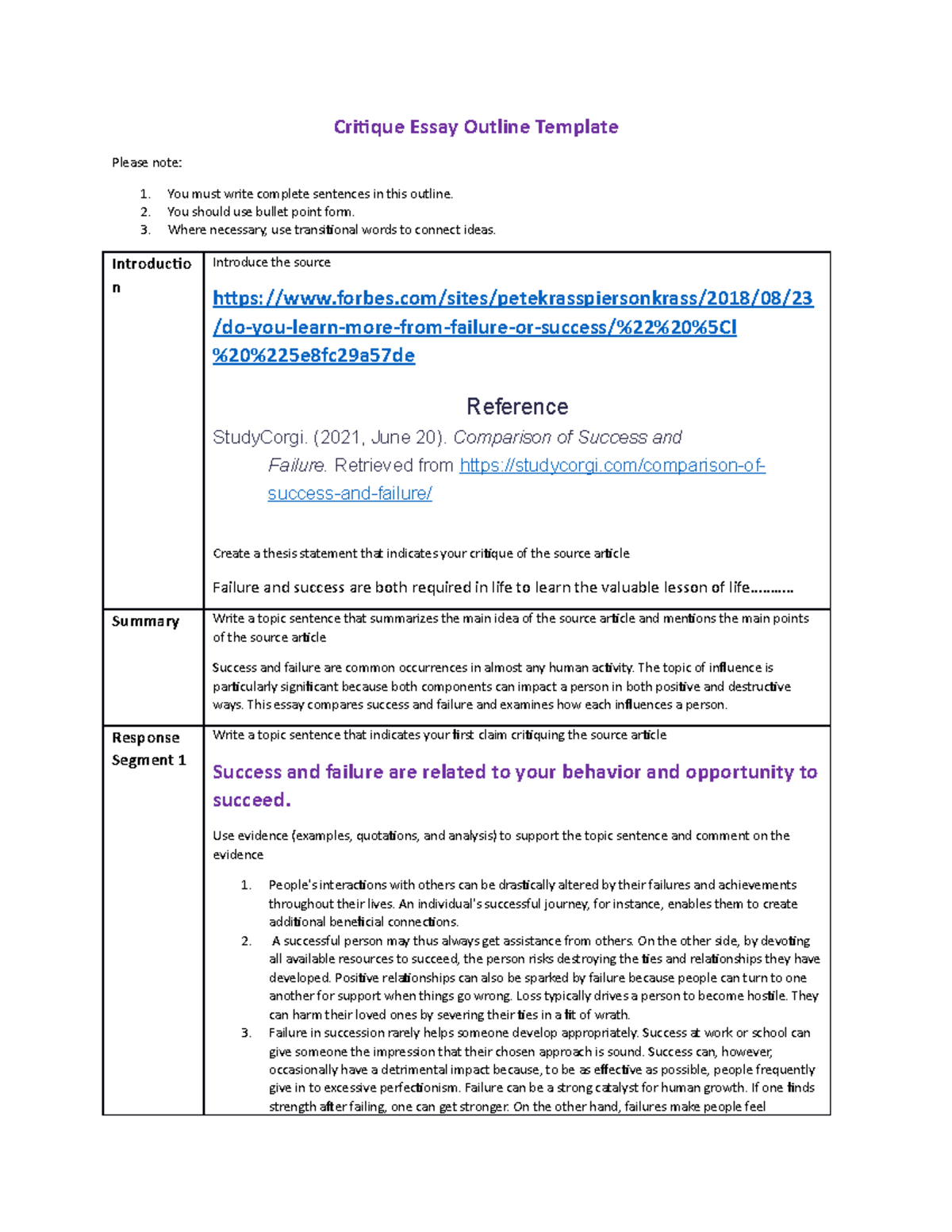 Critique Essay Outline and essay draft - Critique Essay Outline ...