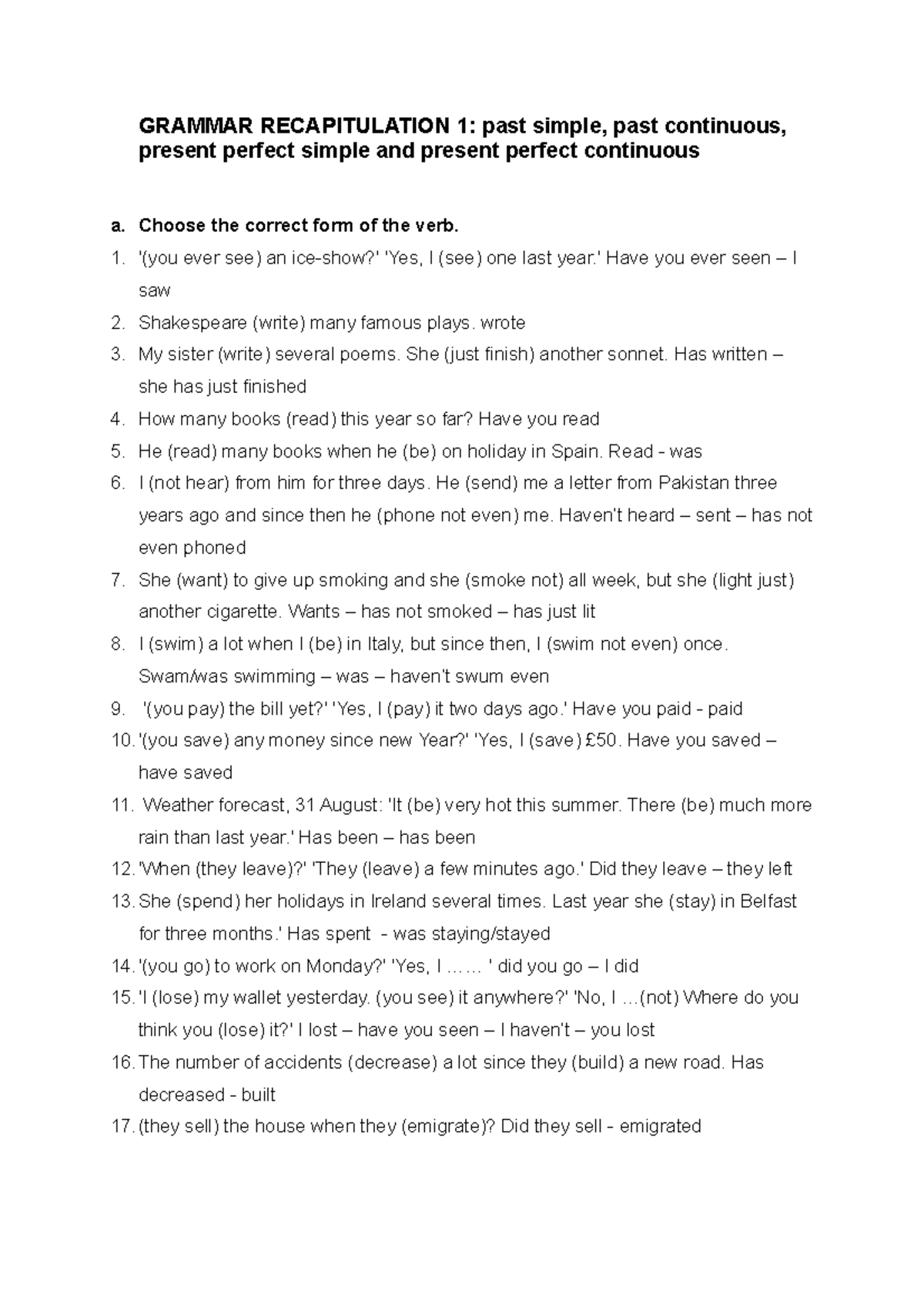 E1 Grammar key grammar recap 1 - GRAMMAR RECAPITULATION 1: past simple ...