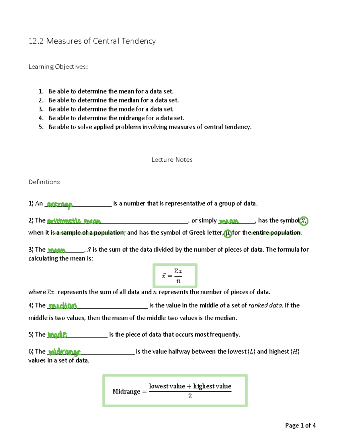 Chapter 12 Section 2 - 12 Measures of Central Tendency Learning ...